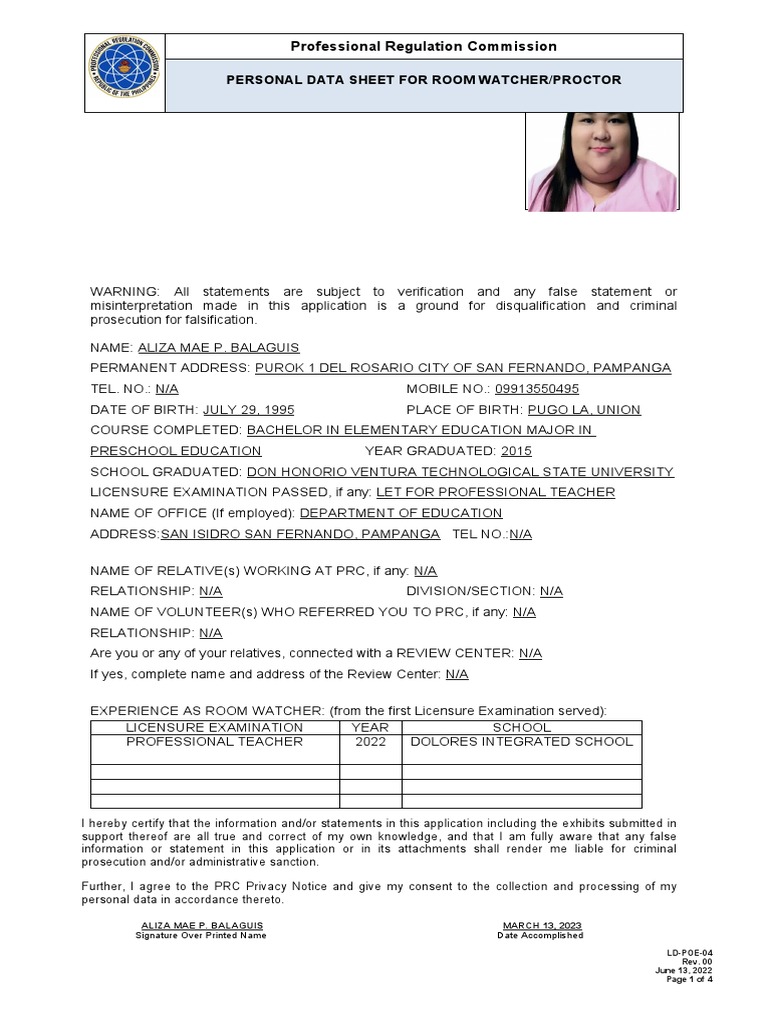LD POE 04 RO Personal Data Sheet For Room Watcher | Download Free PDF | Justice | Crime & Violence