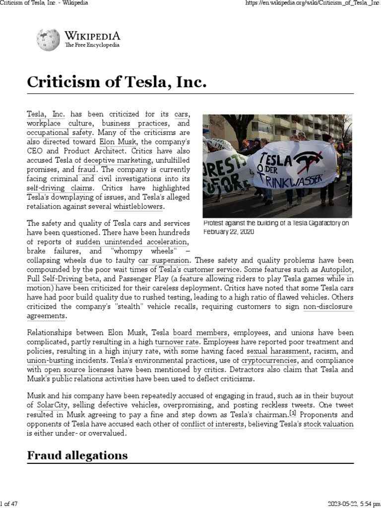 Criticism of Tesla, Inc. - Wikipedia | PDF | Vehicles | Transport