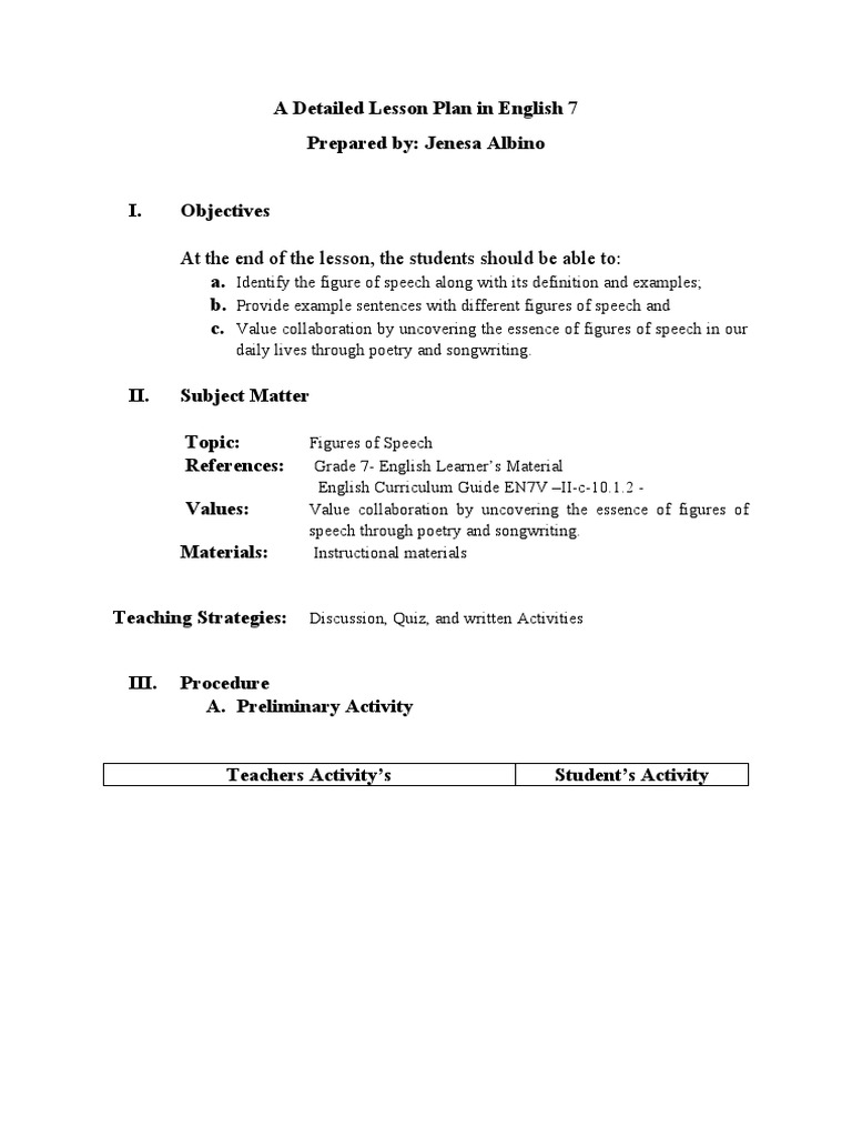 Lesson Plan on Figures of Speech for Grade 7 | PDF | Lesson Plan | Metaphor