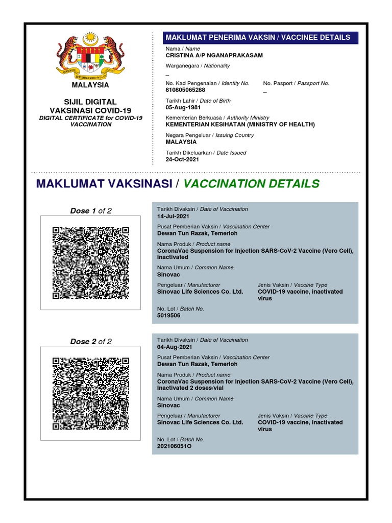 Malaysia COVID-19 Vax Certificate | PDF | Viral Respiratory Tract ...