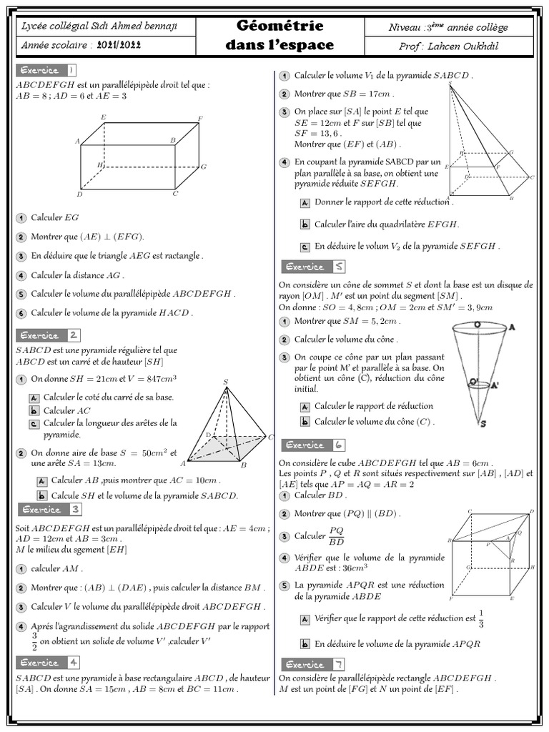 Exercices de géométrie dans l'espace 3ème | PDF | Géométrie euclidienne ...