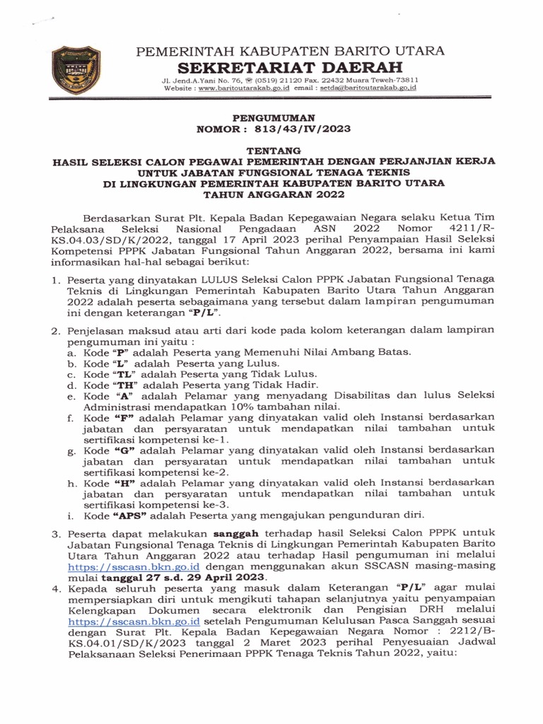 Pengumuman Hasil Seleksi CPPPK Untuk Jabatan Fungsional Teknis Di Lingkungan Pemerintah Kab ...