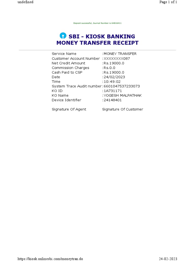 Sbi - Kiosk Banking Money Transfer Receipt: Deposit Successful, Journal ...