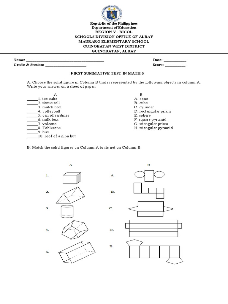 1st Summative Test in Math | PDF | Geometric Shapes