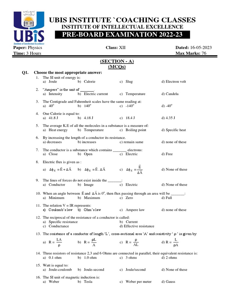 Pre Board Physics 12th | PDF | Electrical Resistance And Conductance | Electrical Resistivity ...