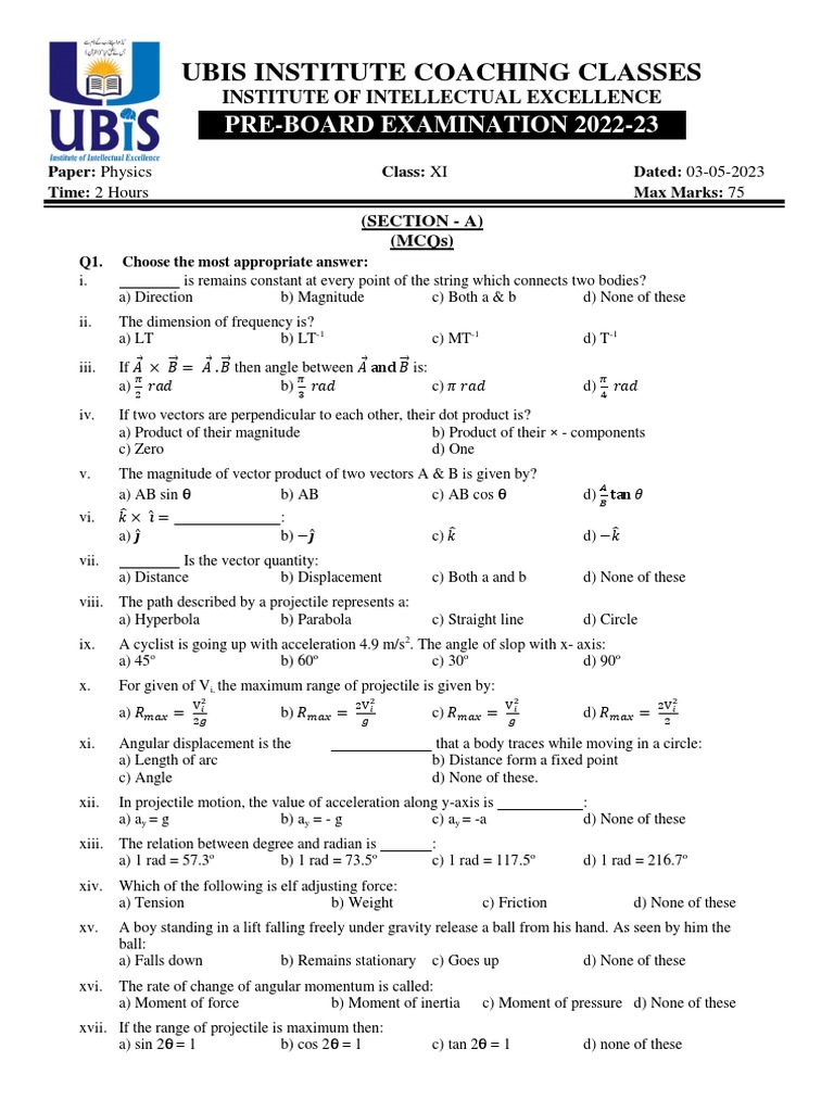 Pre Board Physics 11th | PDF | Euclidean Vector | Acceleration