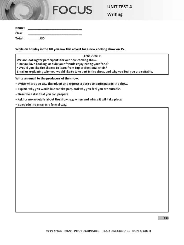 Focus3 2E Unit Test Writing Unit4 | PDF