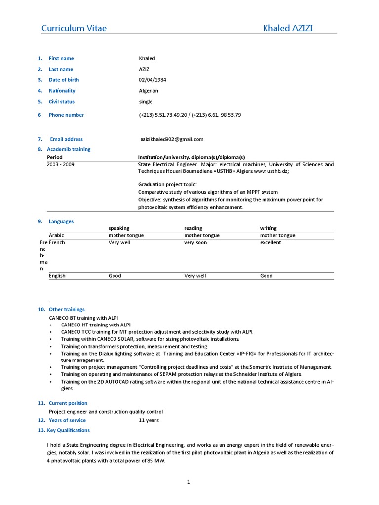 Eng CV Khaled AZIZI | PDF | Electric Power