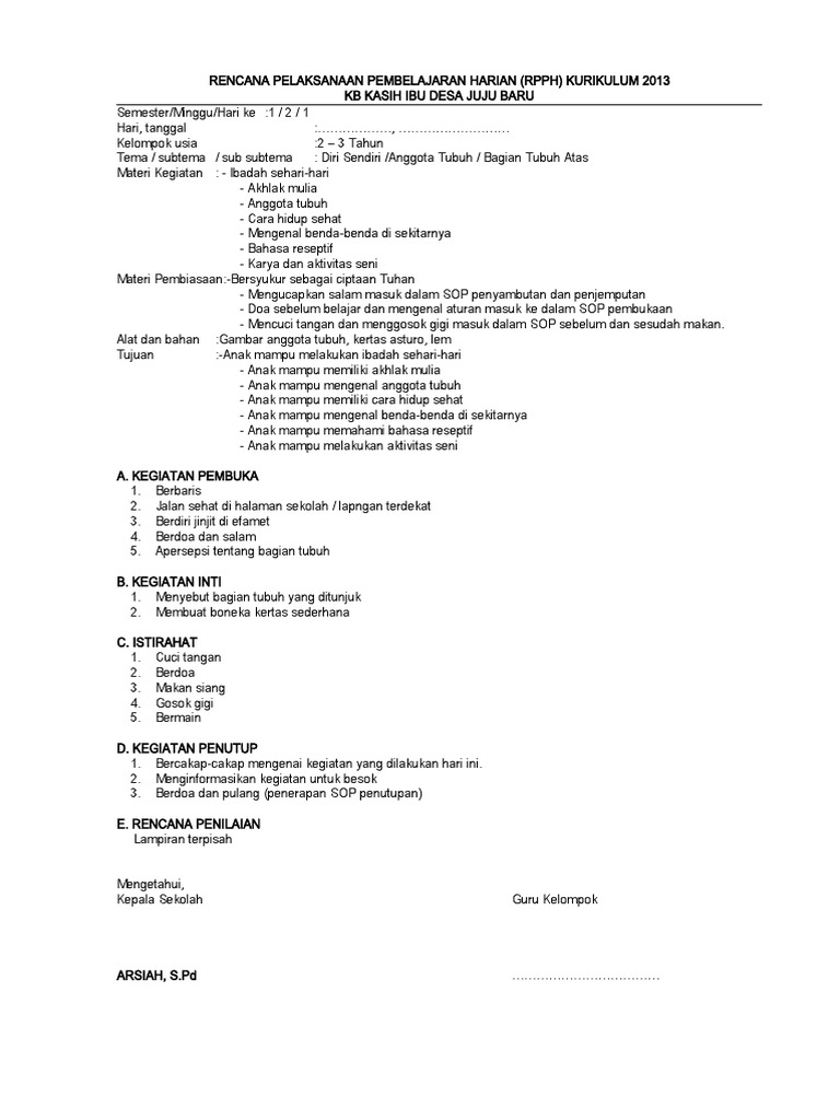 RPPH KB-A SMT1 Minggu - 02 - Anggota Tubuh | PDF | Karier & Perkembangan | Kesehatan Holistik