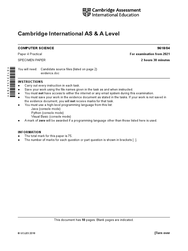 Cambridge International AS & A Level: Computer Science 9618/04 | PDF | Queue (Abstract Data Type ...