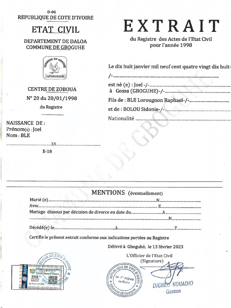 Extrait de Naissance Ou Le Jugement Supplétif | PDF