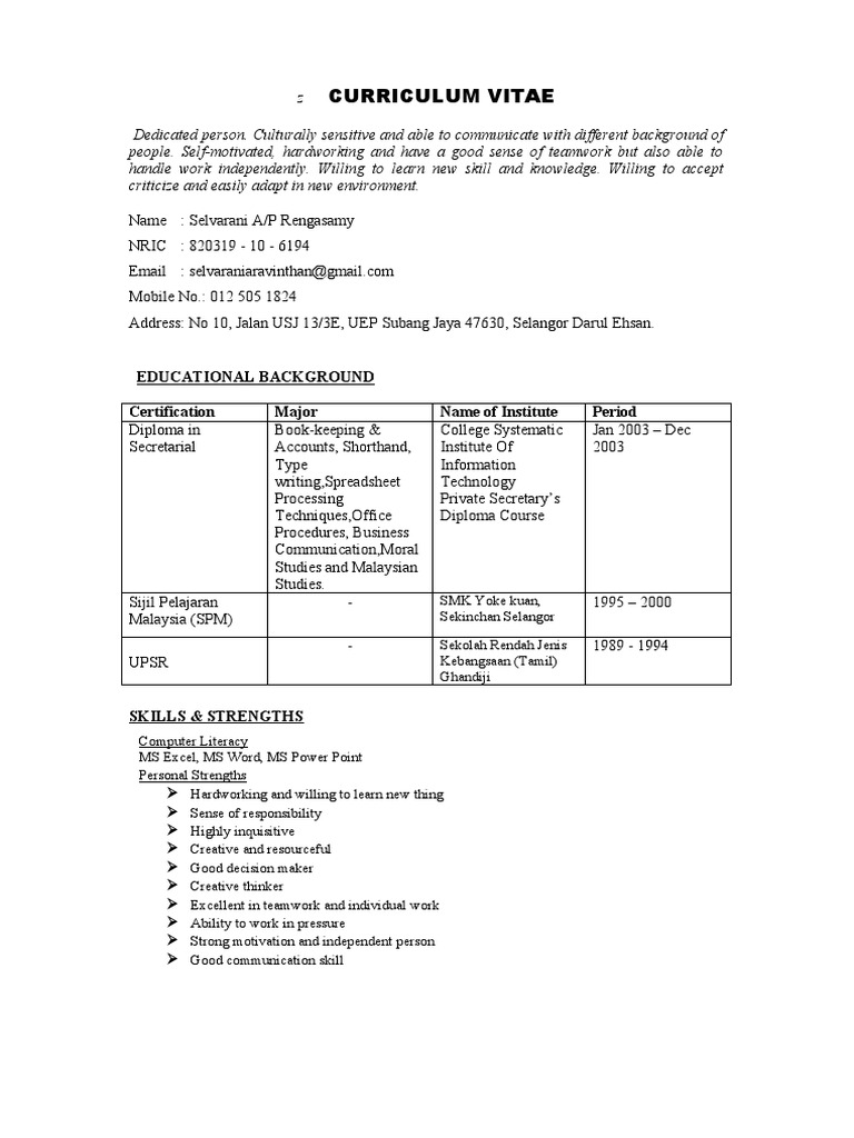 Curriculum Vitae: Educational Background Certification Major Name of Institute Period | PDF ...