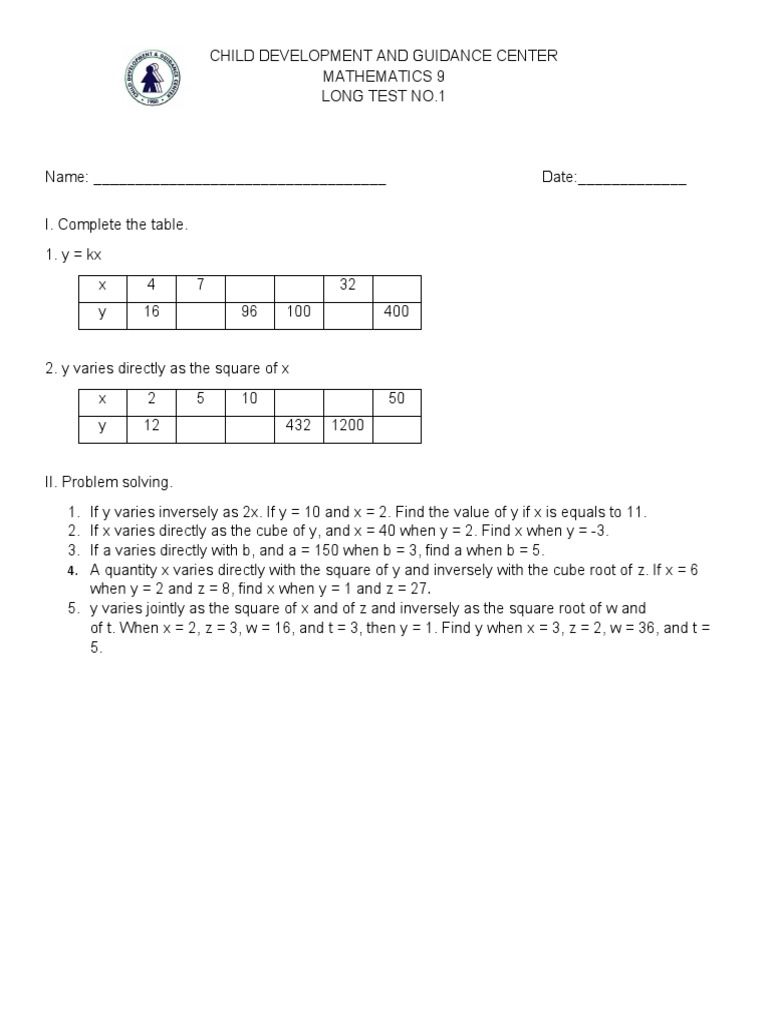 Long Test Num 1 Math 9 4th QRTR | PDF