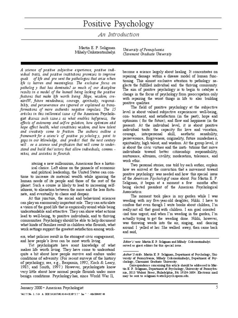 Positive Psychology An Introduction. | PDF | Positive Psychology ...