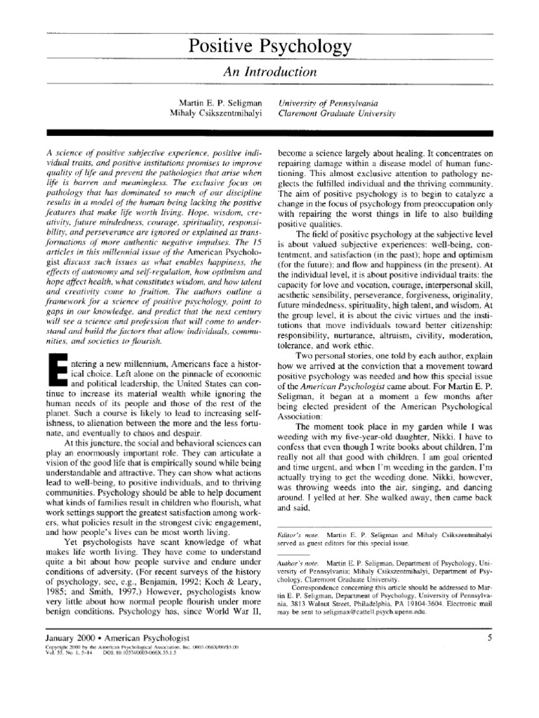 Positive Psychology An Introduction. | PDF | Positive Psychology ...