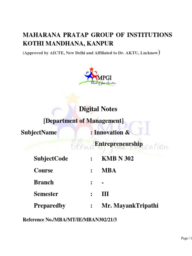 Unit - 4 (Notes - Innovation & Entrep.) .. | PDF | Entrepreneurship ...