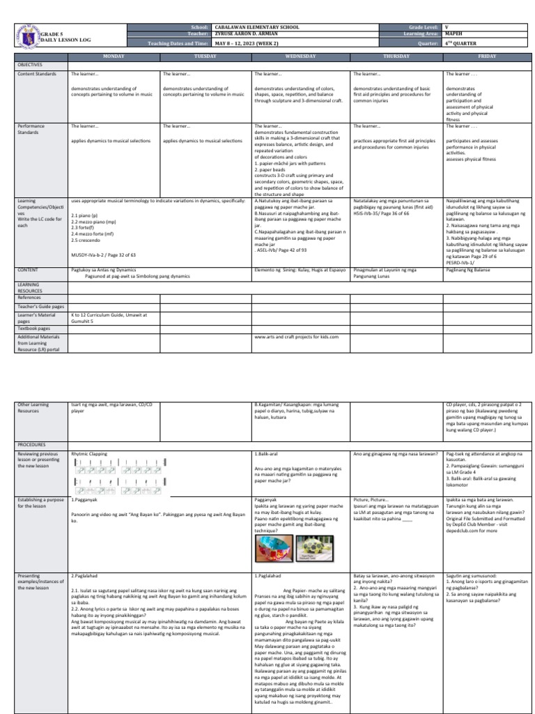 DLL - Mapeh 5 - Q4 - W2 | PDF | Learning