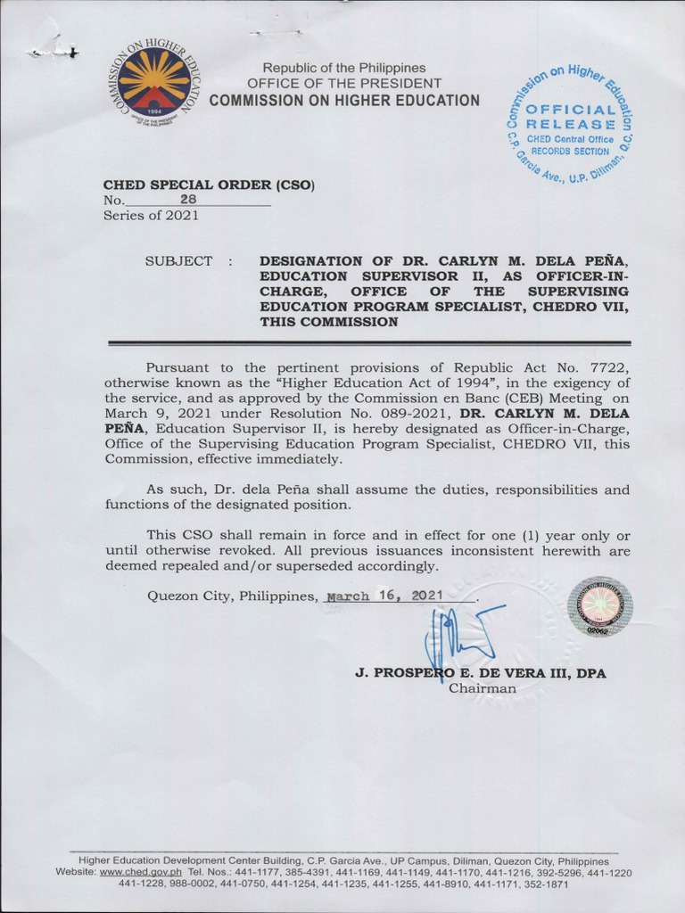 CHED Special Order (CSO) No. 28, series of 2021 on the Designation of Dr. Carlyn M. Dela Peña ...