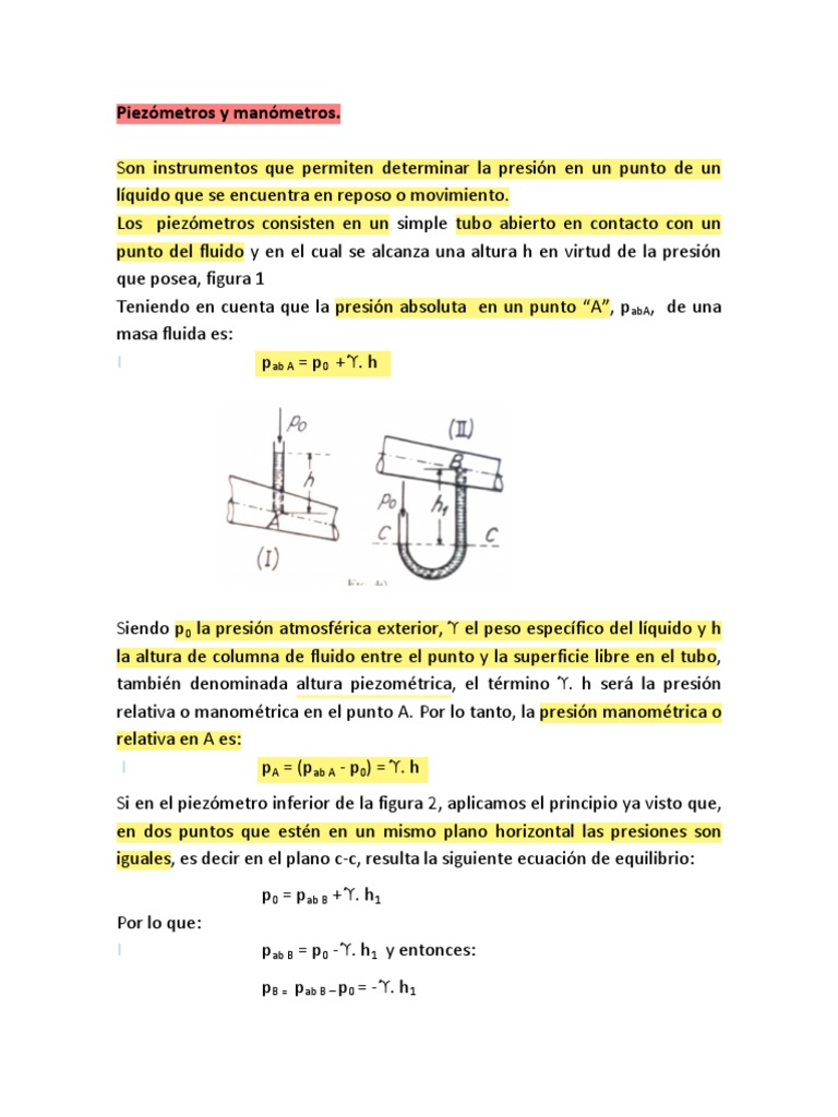 TEMA 2.1 - Piezómetros y Manómetros. | PDF | Presión | Líquidos