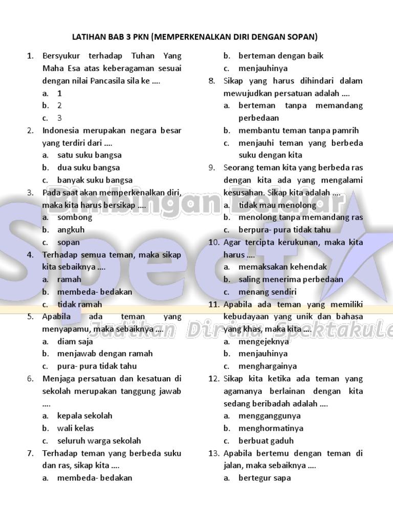 Latihan Soal Bab 3 PKN (Memperkenalkan Diri Dengan Sopan) | PDF
