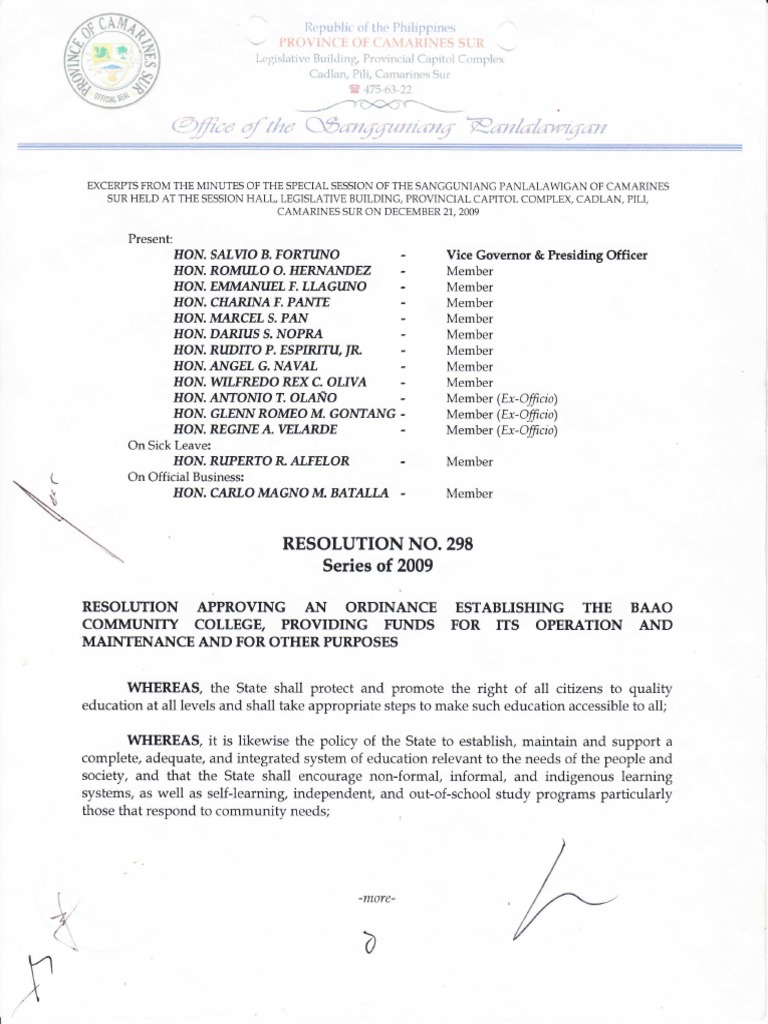 Res No 298 Ord No 005 S 2009 Establishment of Baao Community Colleges ...