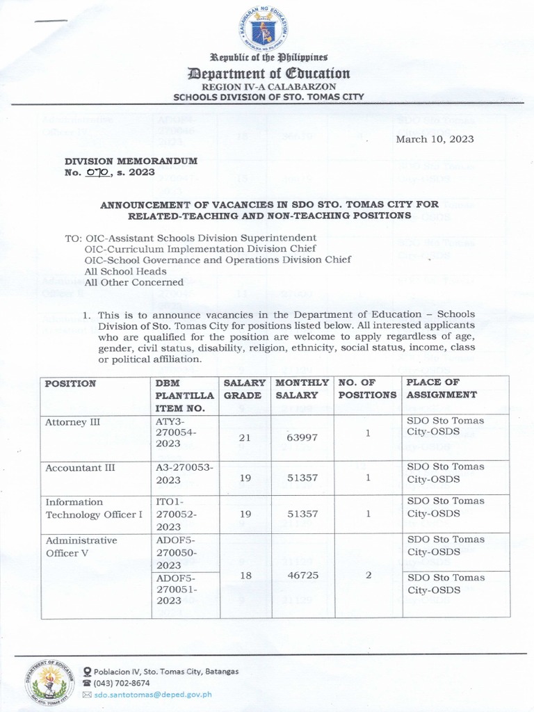 DM NO. 070 S. 2023 ANNOUNCEMENT OF VACANCIES IN SDO STO - TOMAS CITY FOR RELATED TEACHING AND ...