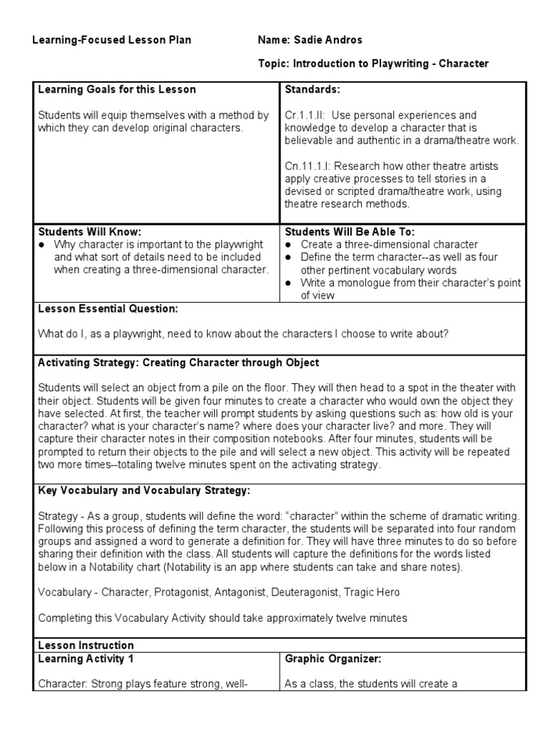 45 Lesson Plan 1 Character Creation Analysis Playwriting | PDF | Lesson ...