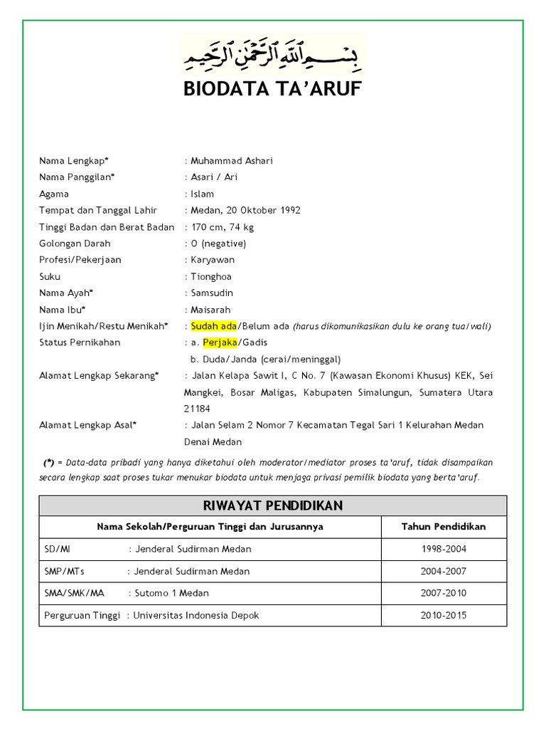 Biodata Ta'aruf Muhammad Ashari | PDF
