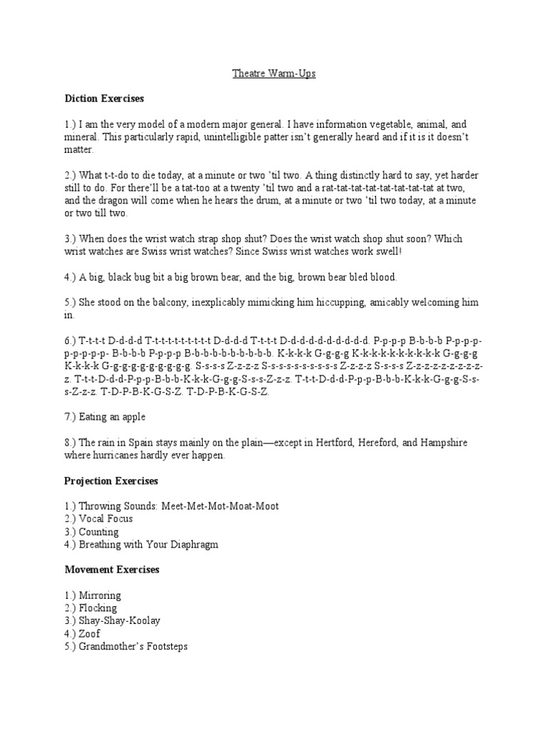 Diction and Movement Warm-Ups for Theatre | PDF