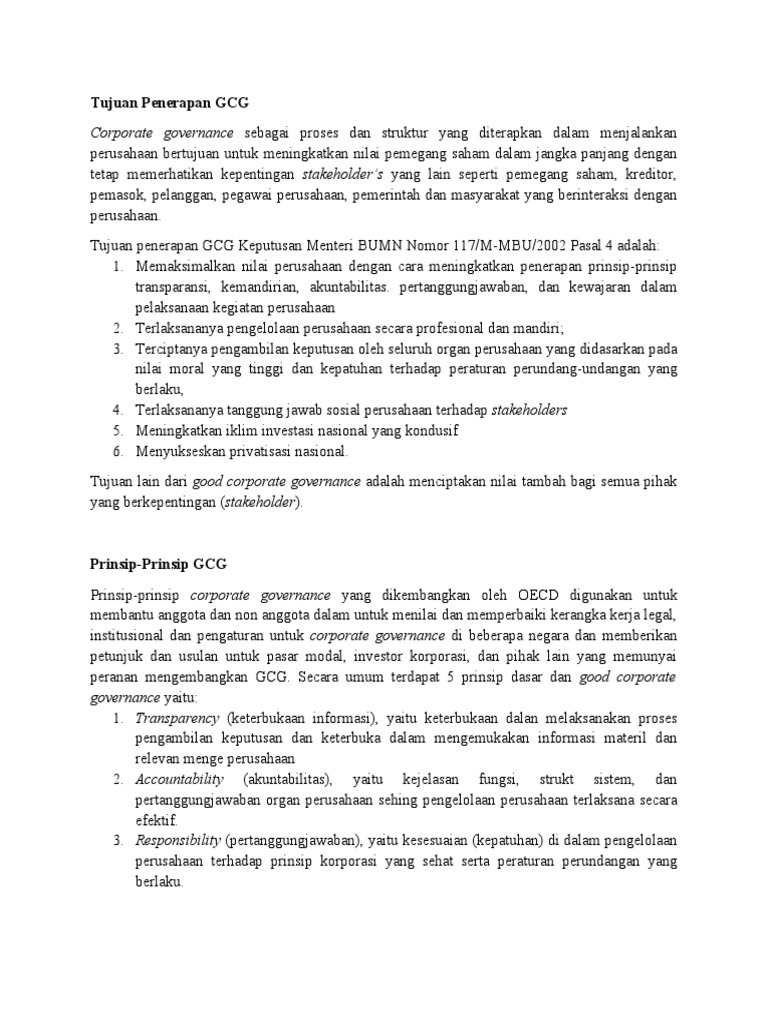 Tujuan, Prinsip, Kajian Akademis GCG | PDF | Karier & Perkembangan | Bisnis