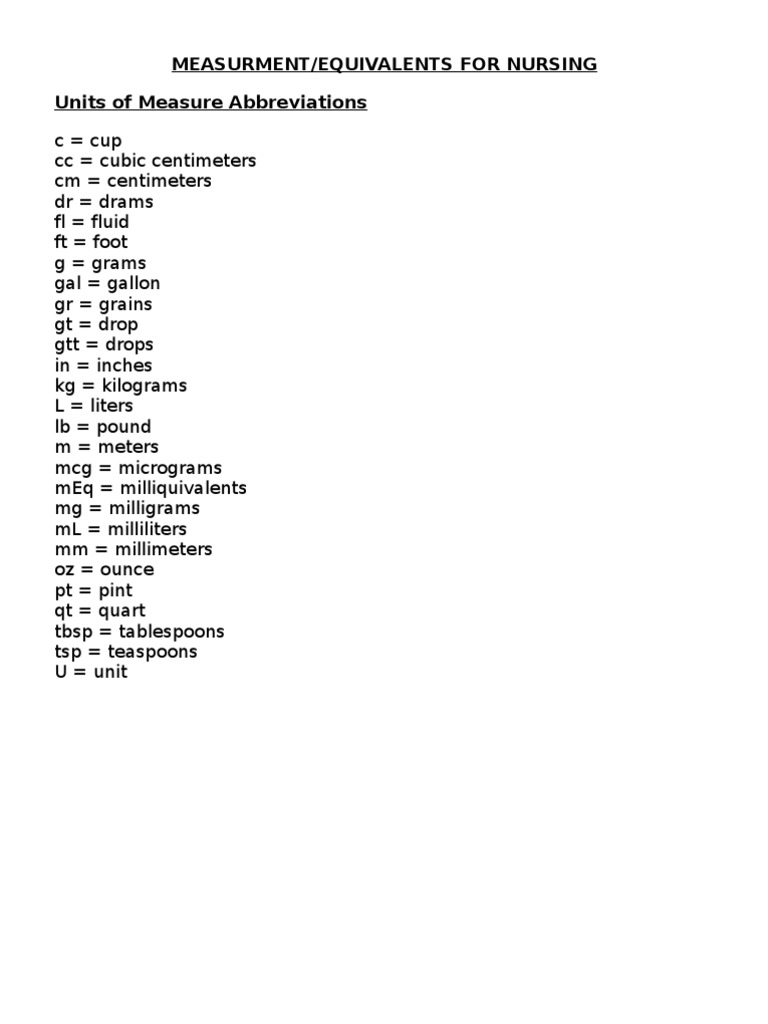 Measurements and Equivalents For Nursing | PDF | Business