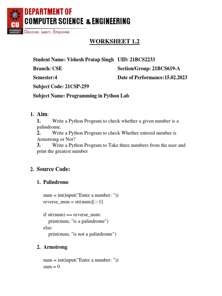 Python Worksheet 1.2 | PDF