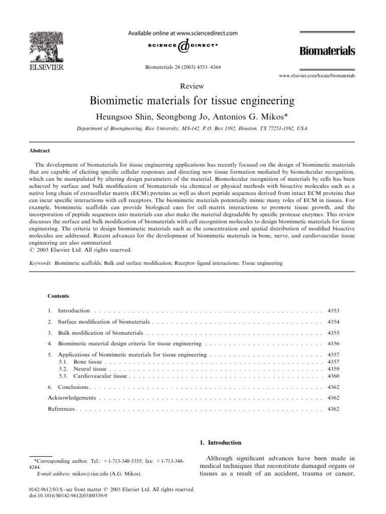 Biomimetic Materials in Tissue Engineering | PDF | Extracellular Matrix | Tissue Engineering
