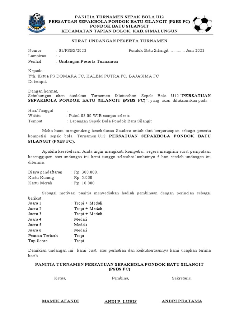 Surat Panitia Turnamen Sepak Bola U12 | PDF