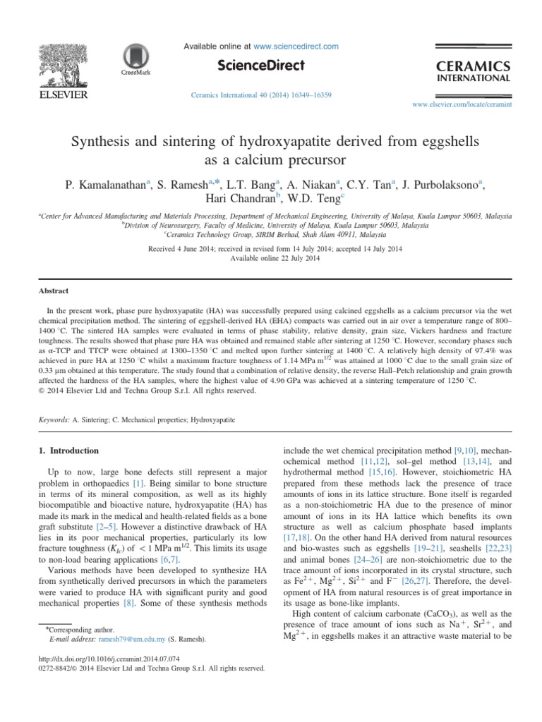 Synthesis and Sintering of Hydroxyapatite Derived From Eggshells As A ...