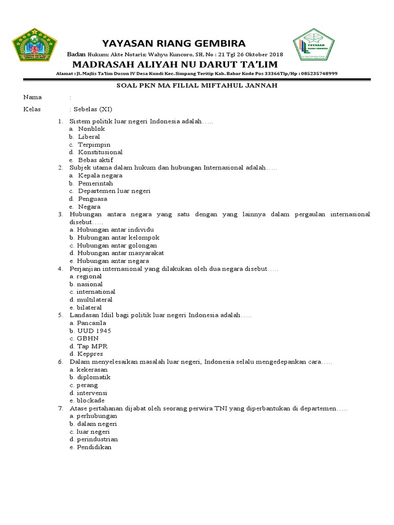 Soal Pat PKN Kelas Xi 2023 | PDF