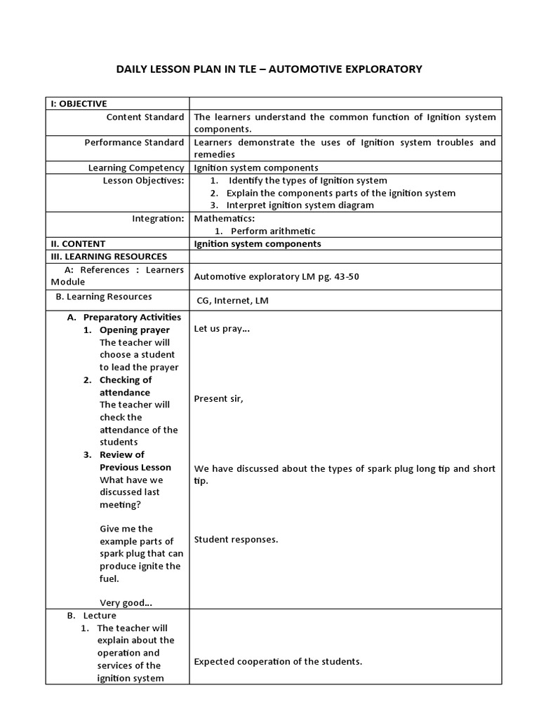 Daily Lesson Plan in Tle | Download Free PDF | Ignition System | Lesson ...