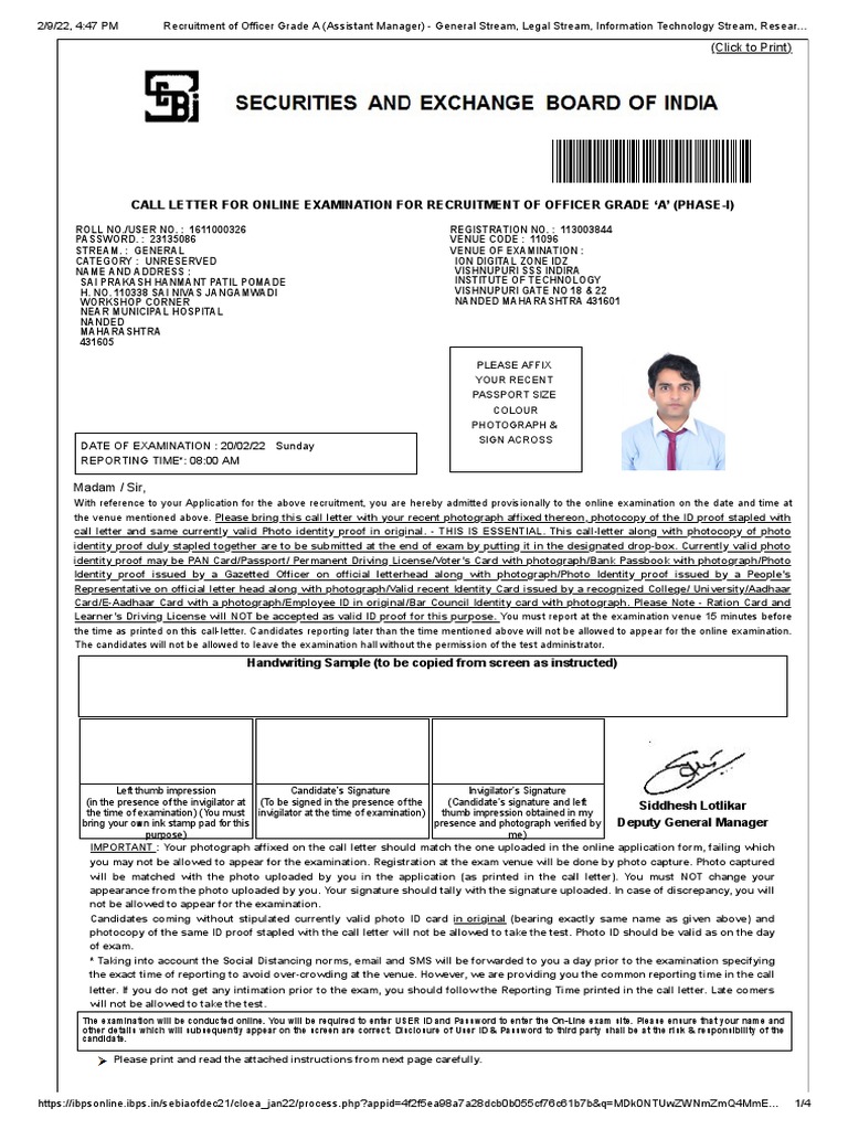 Call Letter For Online Examination For Recruitment of Officer Grade A' (Phase-I) | PDF ...