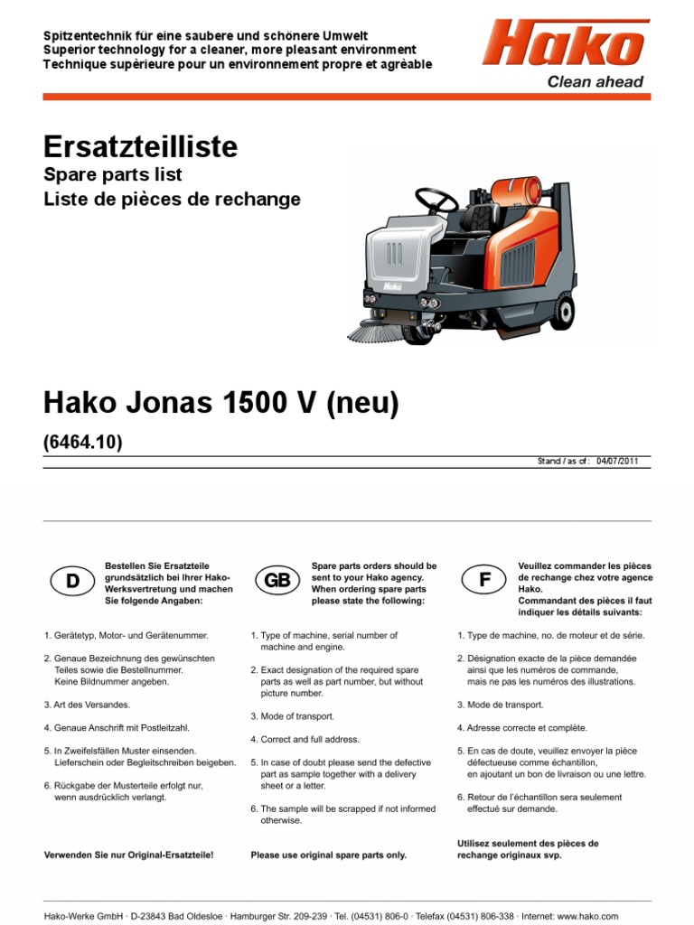 Hako 1500 RH Parts Manual 6464 40 | PDF