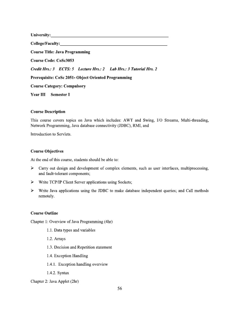 Java Programming Outline With Lab | PDF