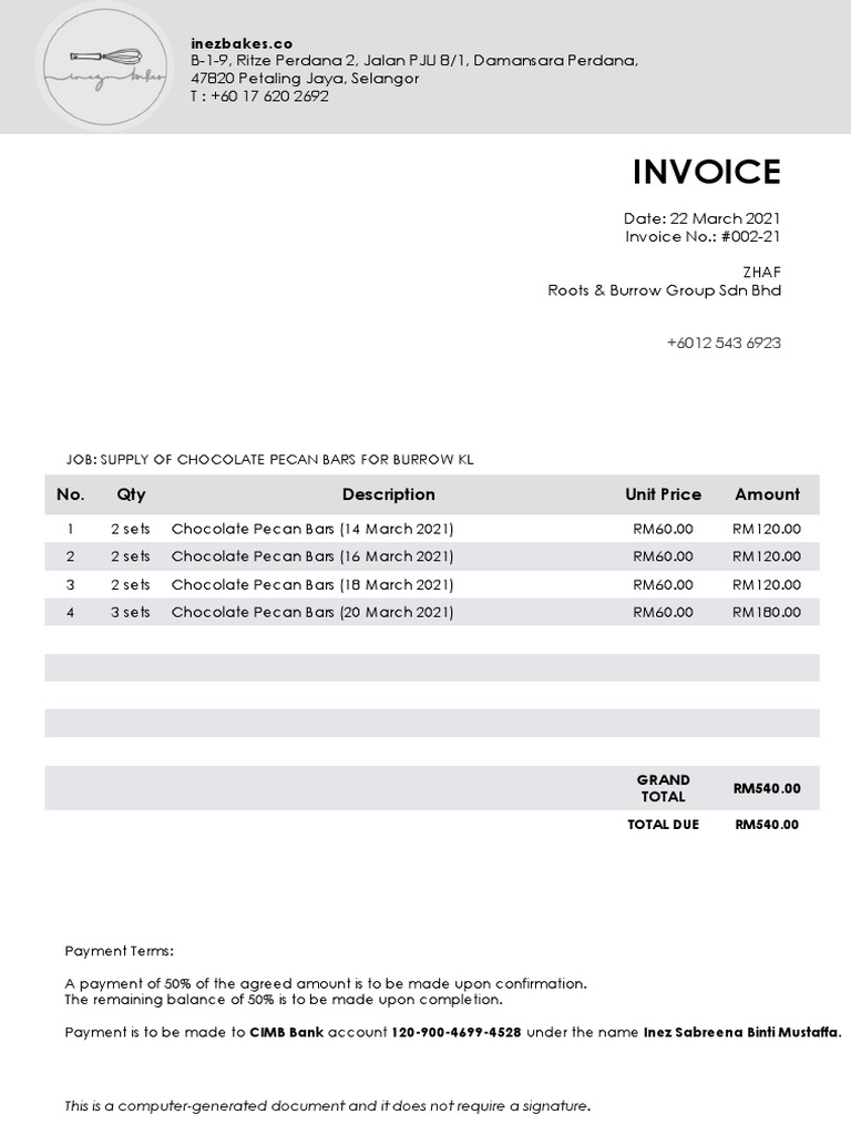 Inezbakes - Co Invoice #002-21 - Roots & Burrow Group SB - 210322 | PDF