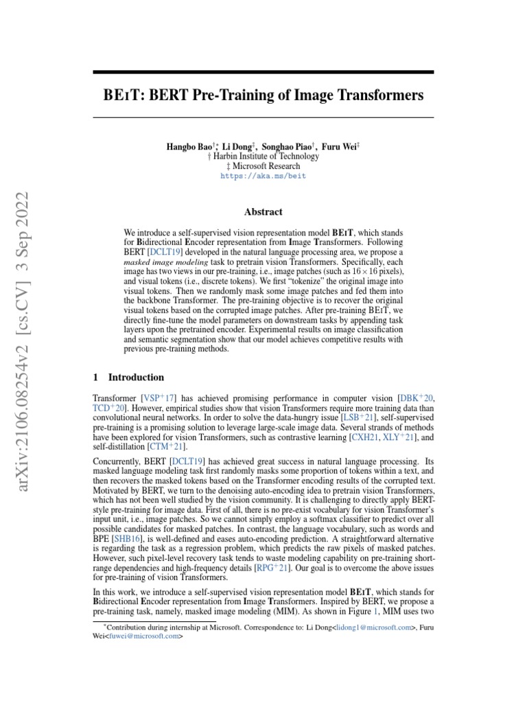 BEIT: BERT Pre-Training of Image Transformers | PDF | Image ...
