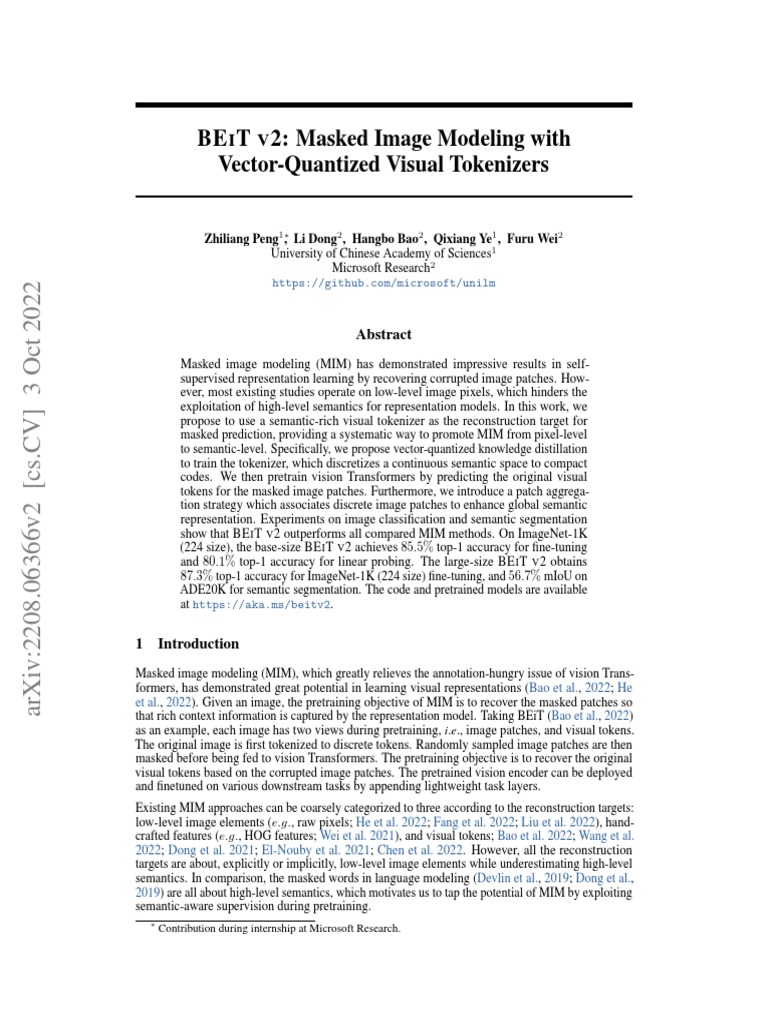 BEIT V2: Masked Image Modeling With Vector-Quantized Visual Tokenizers | Download Free PDF ...