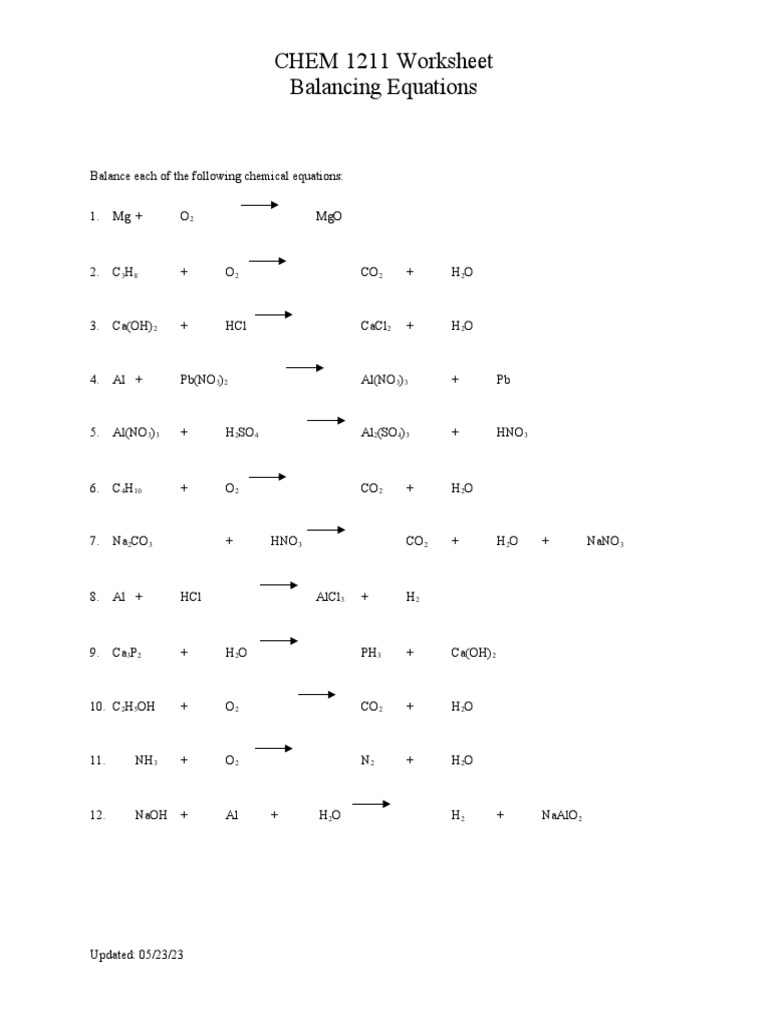 Balancing Equations Worksheet 1 | PDF