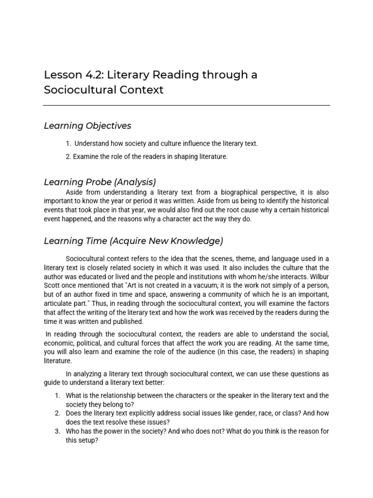 Lesson 4.2 Literary Reading Through A Sociocultural Context | PDF ... Lesson 4.2 Literary Reading Through A Sociocultural Context | PDF ...