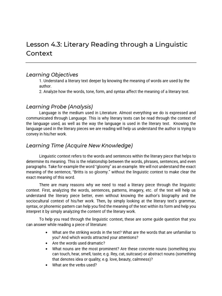 Lesson 4.3 Literary Reading Through A Linguistic Context | PDF ...