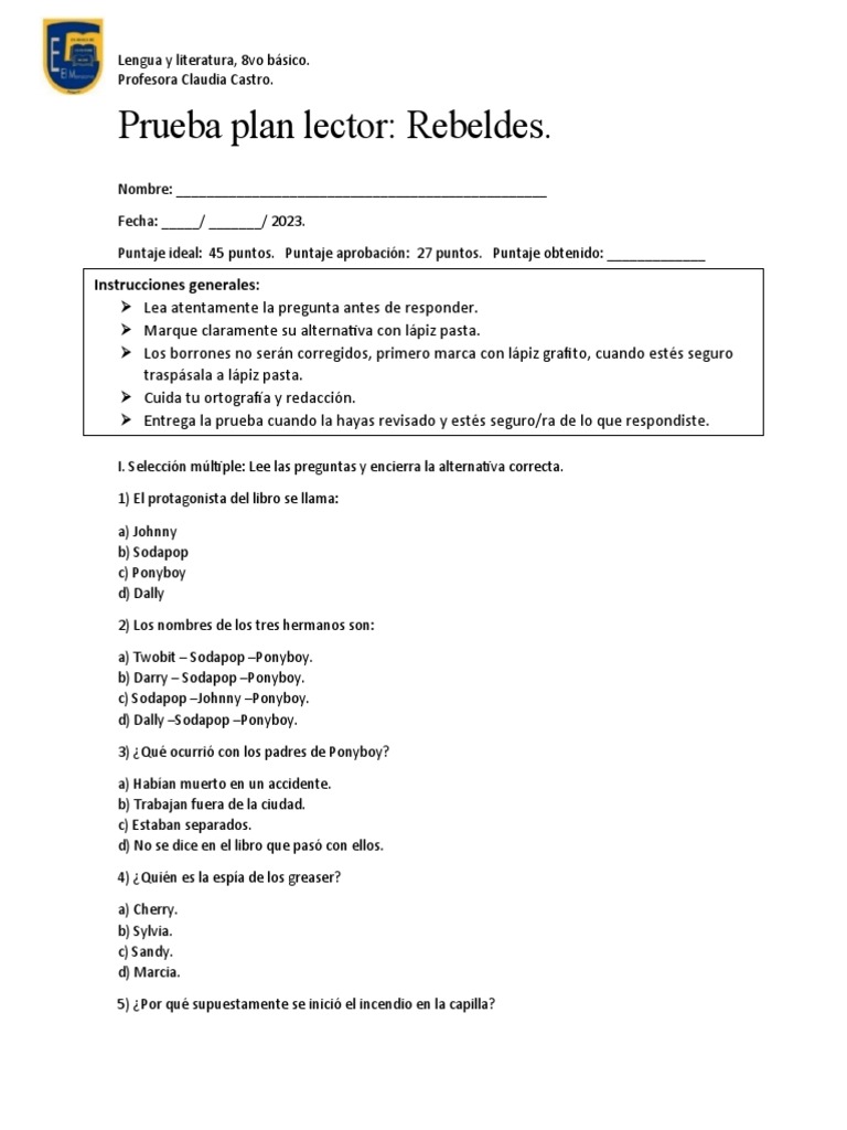 Prueba de Lectura: Rebeldes | PDF