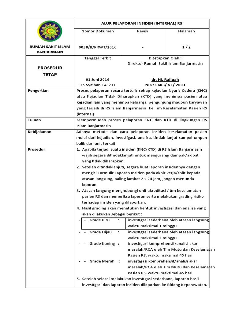 SOP Pelaporan Insiden Keselamatan Pasien Secara Internal 1 | PDF