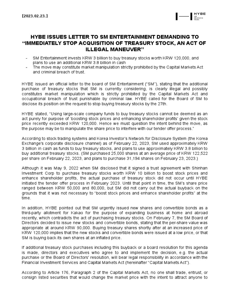 Hybe Issues Letter To SM Entertainment Demanding To "Immediately Stop ...