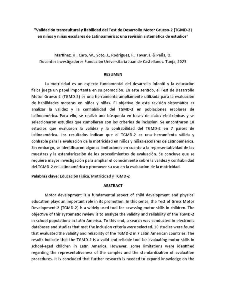Validación Transcultural y Fiabilidad Del Test de Desarrollo Motor ...